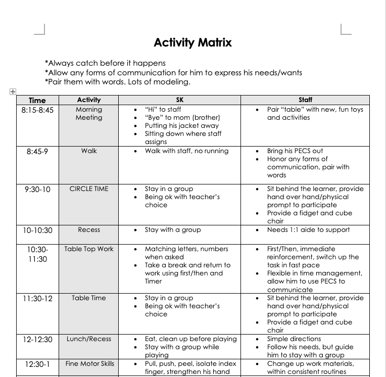 Activity Matrix Sample Free Download – Everyday Teaching Autism Resources